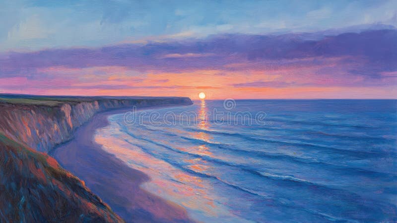Coastal Cliffs Sunset Ocean Beach Painting Stock Illustration ...