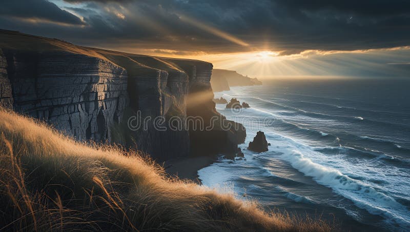 Dramatic Sunset Over Coastal Cliffs and Ocean Waves Stock Illustration ...