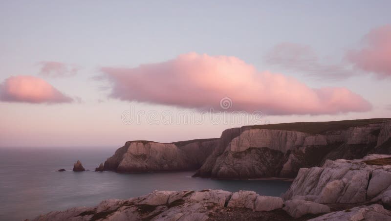Coastal Cliffs at Sunset with Pink Clouds. Stock Photo - Image of ...
