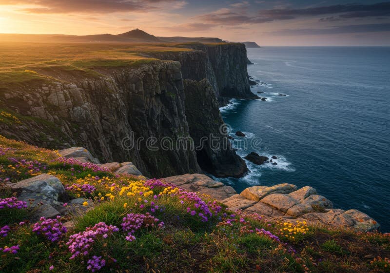 Coastal Cliffs Sunset with Vibrant Wildflowers Stock Illustration ...