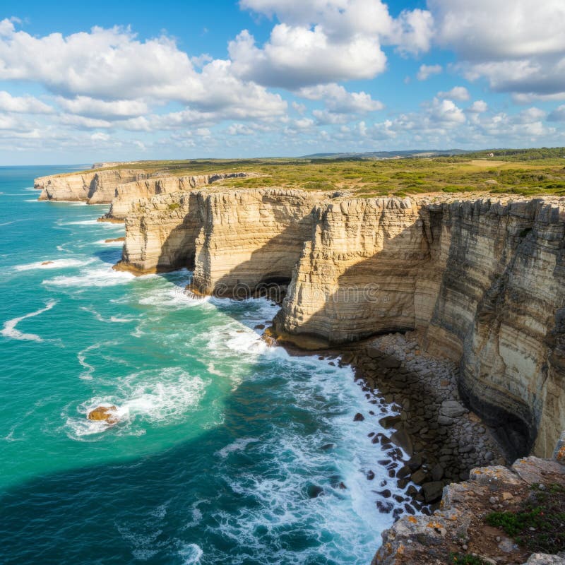 Coastal Cliffs and Turquoise Ocean on Sunny Day Stock Illustration ...