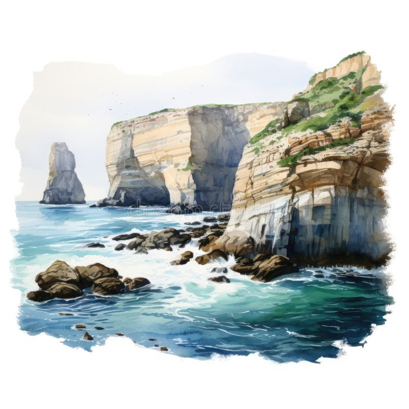 Coastal cliffs stock illustration. Illustration of watercolor - 328675986