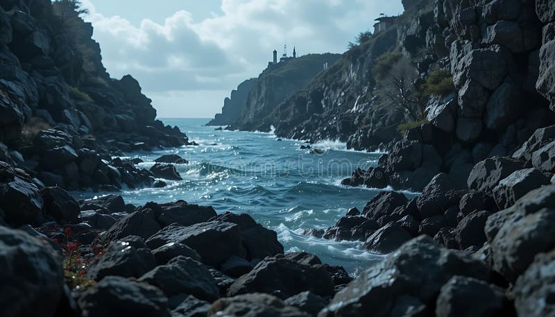 Coastal Cliffscape: Serene Ocean Waves Crashing on Dark Rocks Stock ...