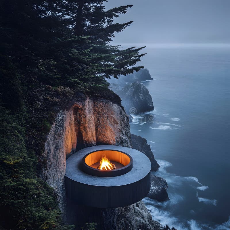 Coastal Cliffside Fire Pit at Dusk Dark Ocean and Evergreen Trees Stock ...