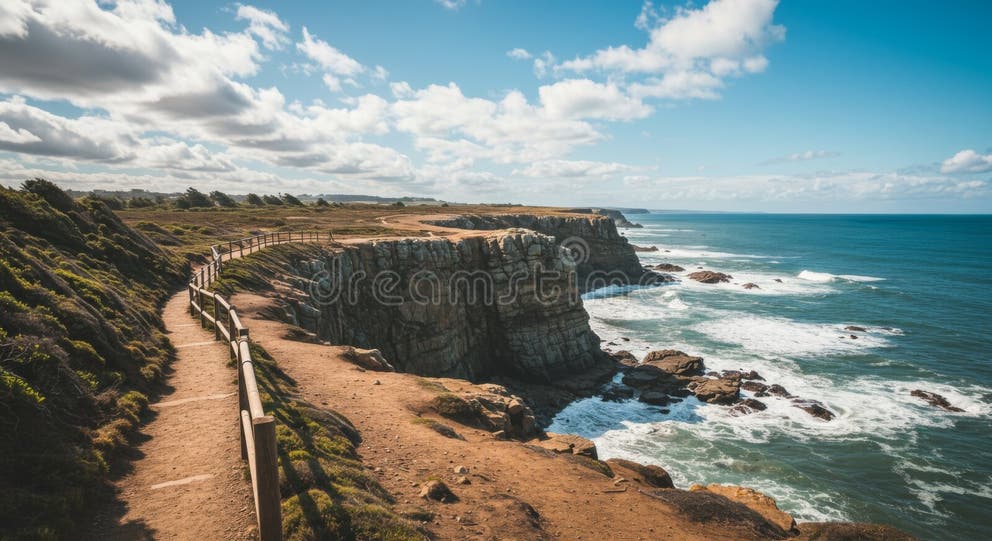 Coastal Cliffside Path with Ocean Waves Stock Illustration ...