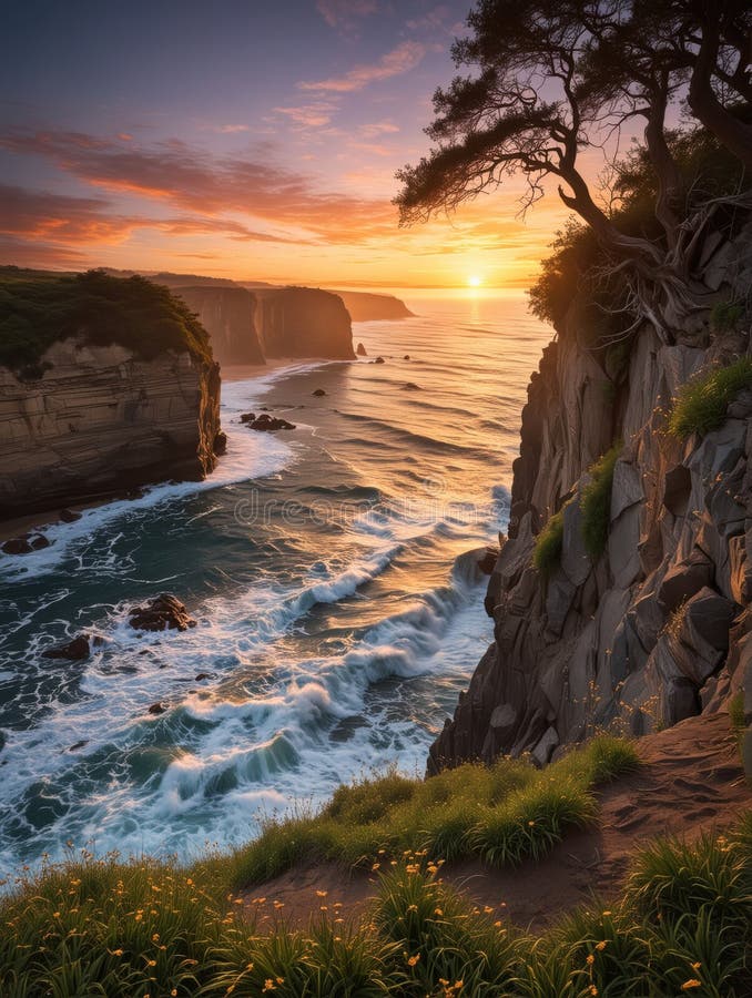 Coastal Cliffside Sunset stock illustration. Illustration of sunset ...