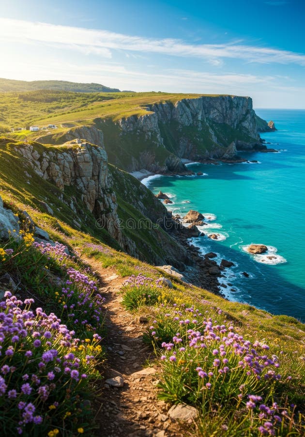 Coastal Clifftop Path with Purple Flowers and Ocean View Stock ...