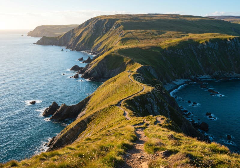 Coastal Clifftop Path at Sunset, Aerial View Stock Illustration ...