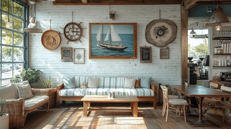 Coastal Coffee Shop with a Nautical Theme Stock Illustration ...