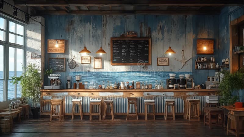 Coastal Coffee Shop with a Nautical Theme Stock Illustration ...