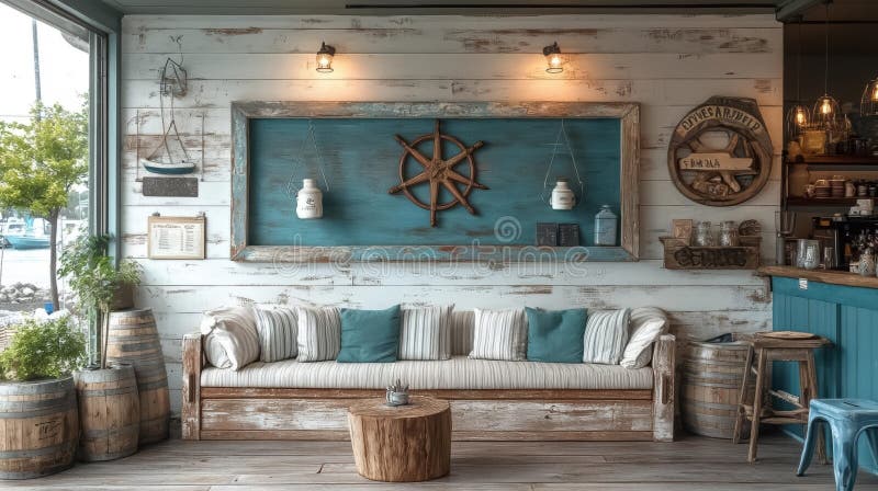 Coastal Coffee Shop with a Nautical Theme Stock Illustration ...