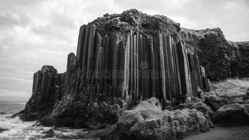 Coastal Columnar Basalt Rock Formation in Black and White Stock ...
