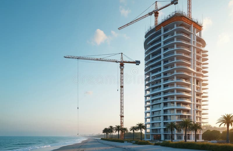 Coastal Construction Project Skyscraper at Dawn. Modern High-rise ...
