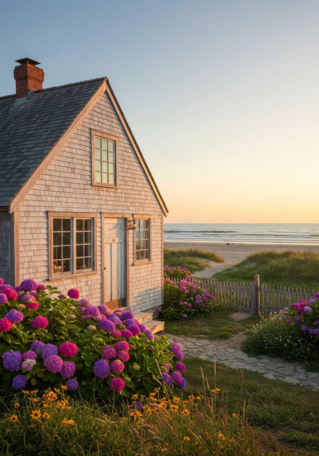 Coastal Cottage at Sunset with Hydrangeas Stock Illustration ...