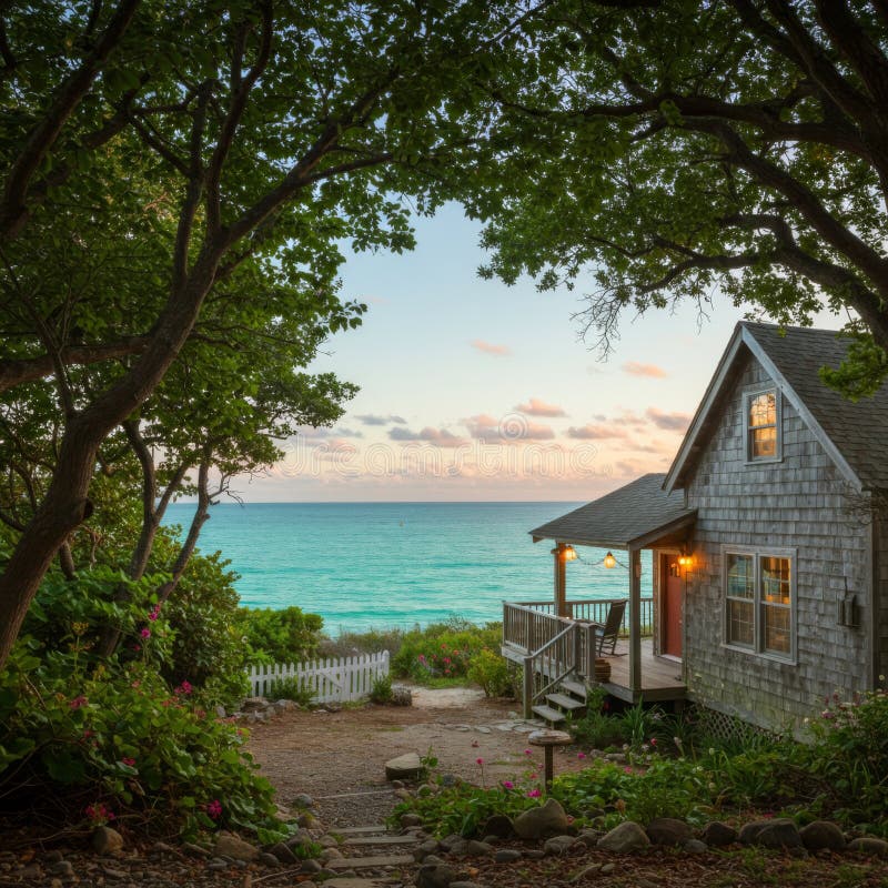 Coastal Cottage at Sunset with Ocean View Stock Illustration ...