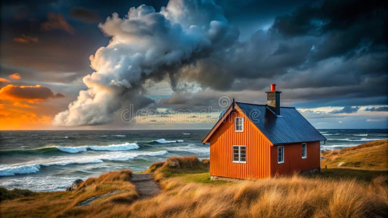 Coastal Cottage Sunset Seascape Dramatic Ocean Waves and Cloudy Sky ...