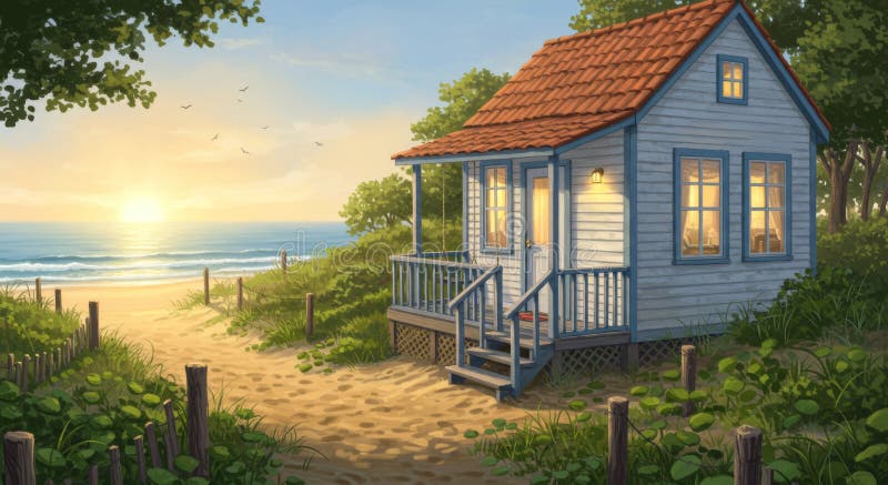 Coastal Cottage at Sunset: White House on Sandy Beach Stock ...