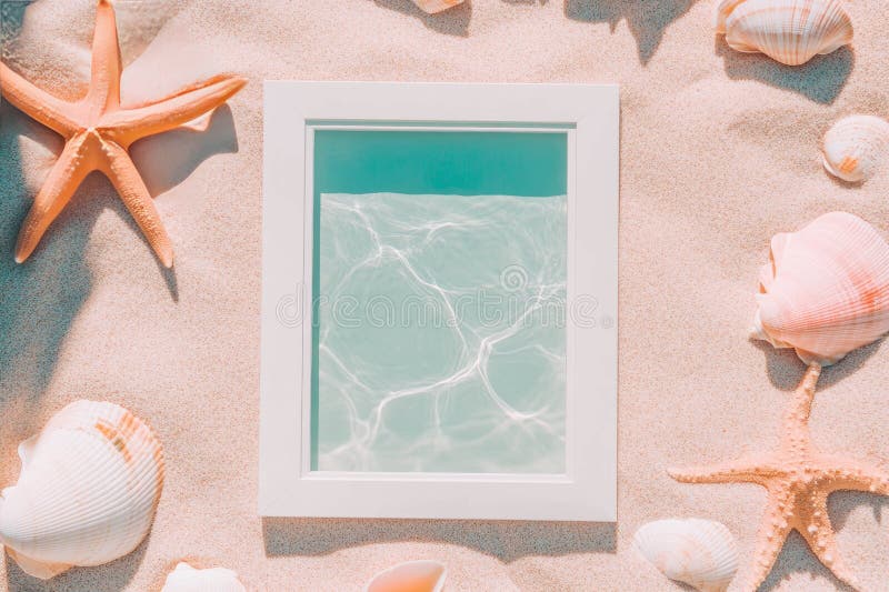 Coastal Decor with White Frame and Seashells on Sandy Beach for Summer ...