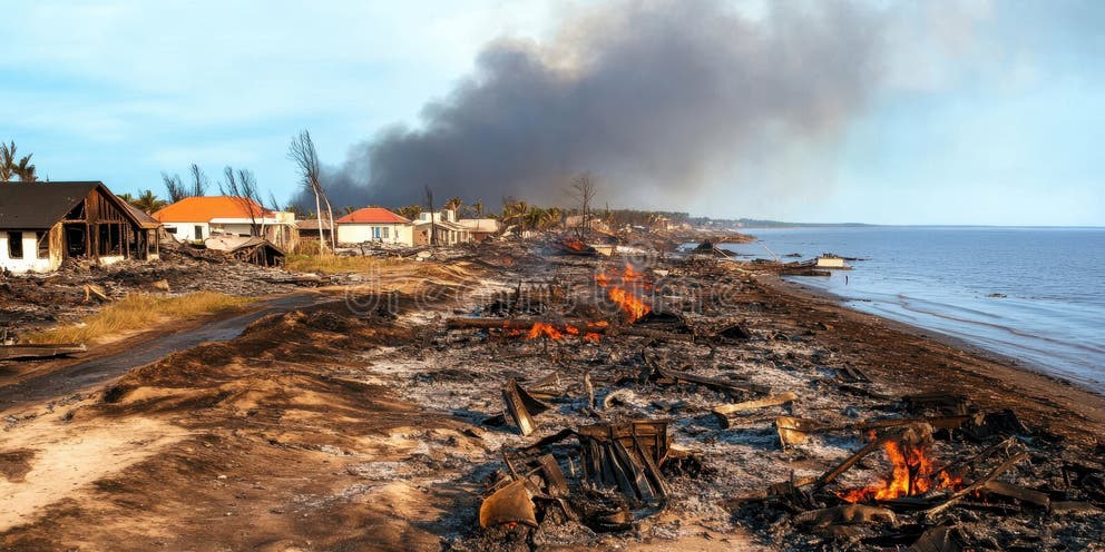 Coastal Devastation after Wildfire with Smoke and Burning Debris on ...