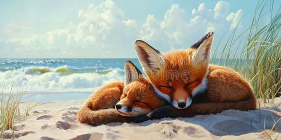 Coastal Dreams: Two Fox Kits Napping on the Beach Stock Illustration ...