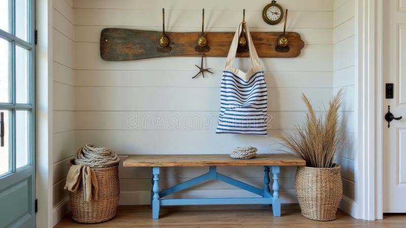 Coastal Entryway with Nautical Decor and Blue Wooden Bench Stock Image ...