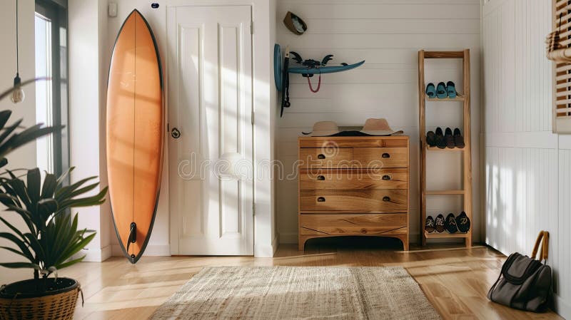 Coastal Entryway with Surfboard and Wooden Accents Stock Illustration ... Coastal Entryway with Surfboard and Wooden Accents Stock Illustration ...