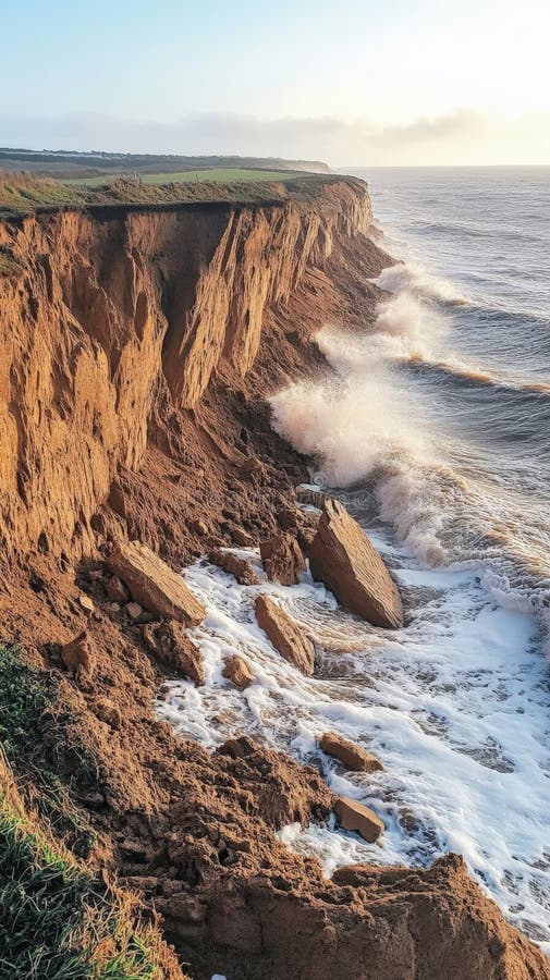 Coastal Erosion with Crashing Waves and Cliffside Landscape Stock Photo ...