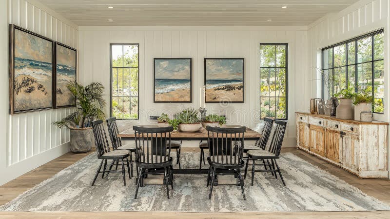 Coastal Farmhouse Dining Room Interior Design, Ocean View Stock Photo ...