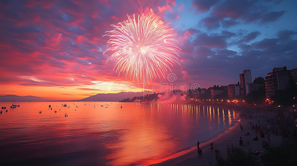 Coastal Fireworks Sunset Celebration Beach Stock Illustration ...