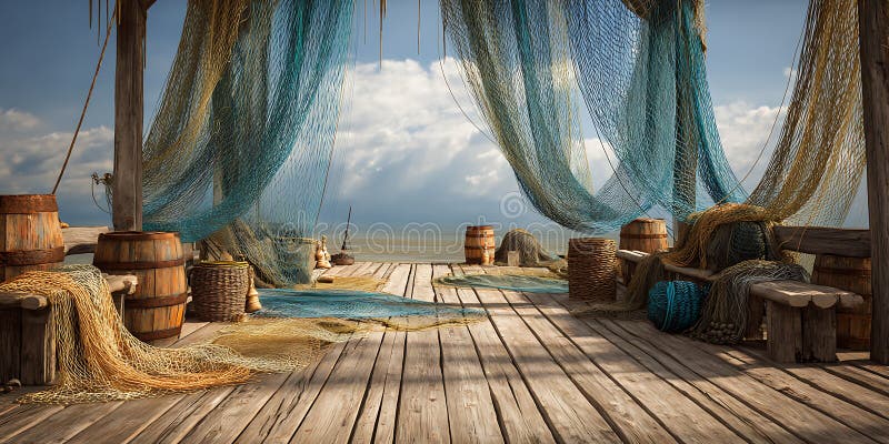 Coastal Fishing Net Scene Beach Pier Ocean View Rustic Texture Stock ...