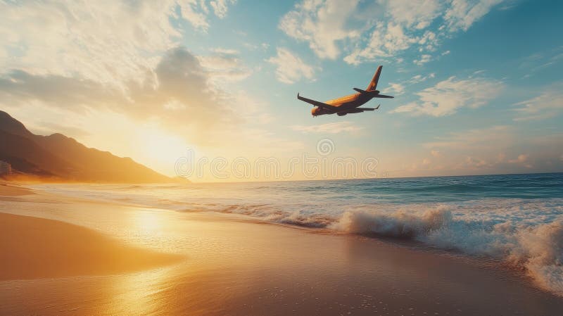 Coastal Flight: Airplane Soaring Over Beach at Sunset, Mountain ...