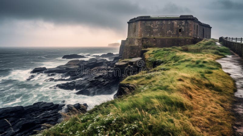Coastal Fort Amidst Morning Storm Stock Illustration - Illustration of ...