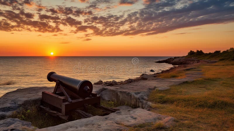 Coastal Fort at Sunset with Antique Cannon Stock Illustration ...