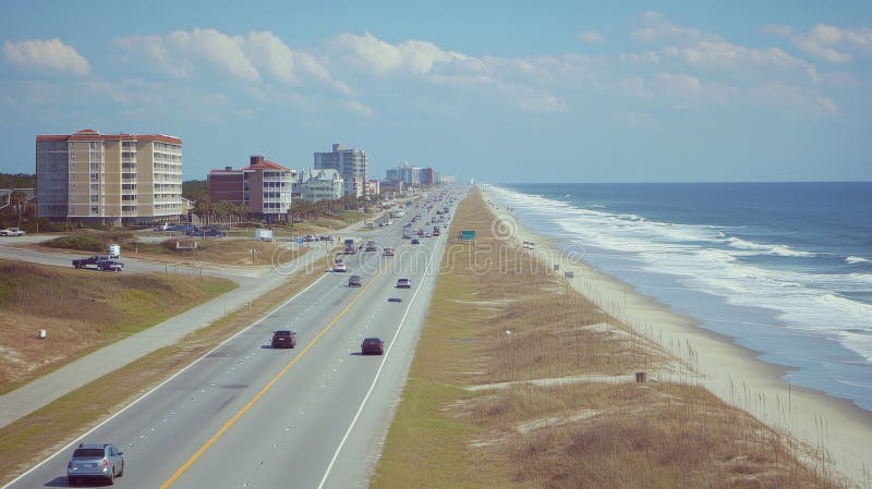 Coastal Highway Scene with Ocean and Buildings Stock Illustration ...