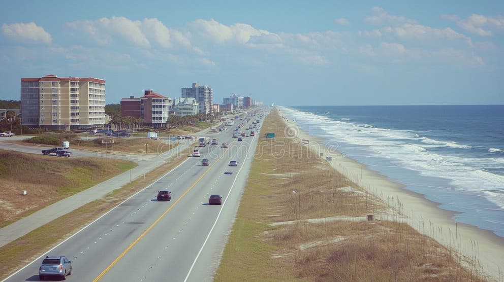 Coastal Highway Scene with Ocean and Buildings Stock Illustration ...