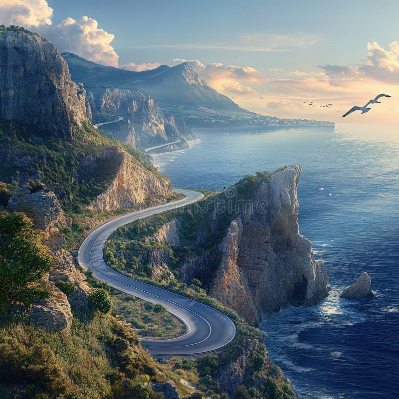 Coastal Highway Winding through Dramatic Cliffs at Sunrise Stock ...