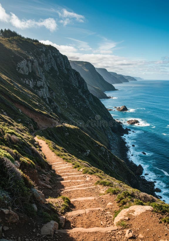 Coastal Hiking Trail with Ocean View Stock Illustration - Illustration ...