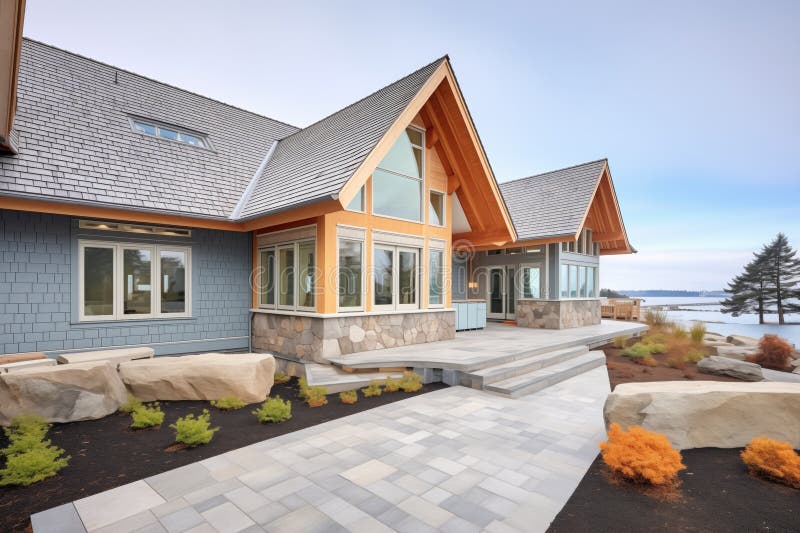 Coastal Home with Cedar Shingles and Gray Stone Base Stock Photo ...