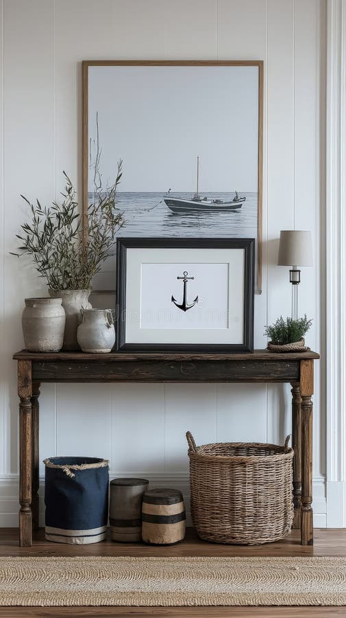 Coastal Home Decor Seascape Artwork, Anchor Print, and Rustic Console ...