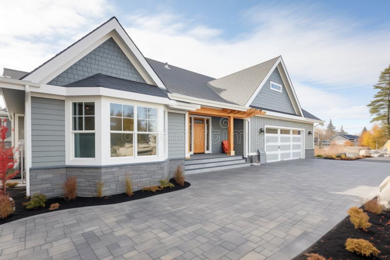 Coastal Home with Grey Shingle Siding and Stone Base Stock Illustration ...