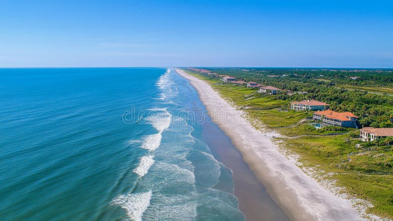 Coastal Homes Line Sandy Beach beside Ocean Waves Stock Illustration ...