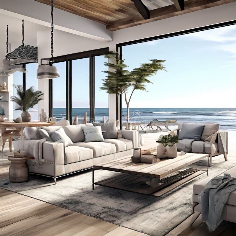 Coastal Industrial a Living Room with a Blend of Coastal and I Stock ...