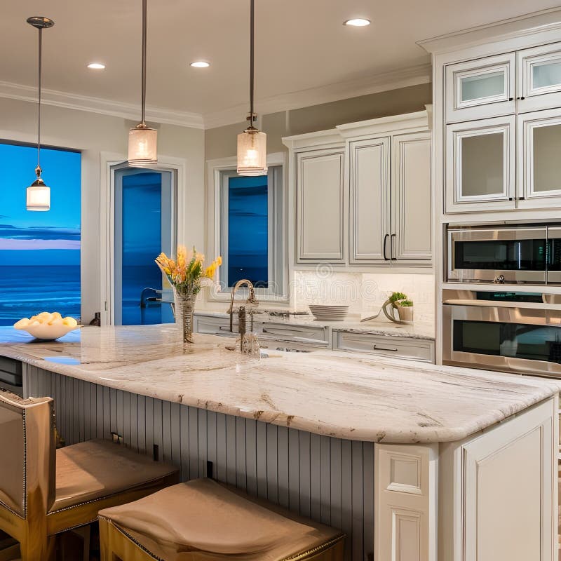 A Coastal-inspired Kitchen with Light-colored Cabinetry, a Marble ...