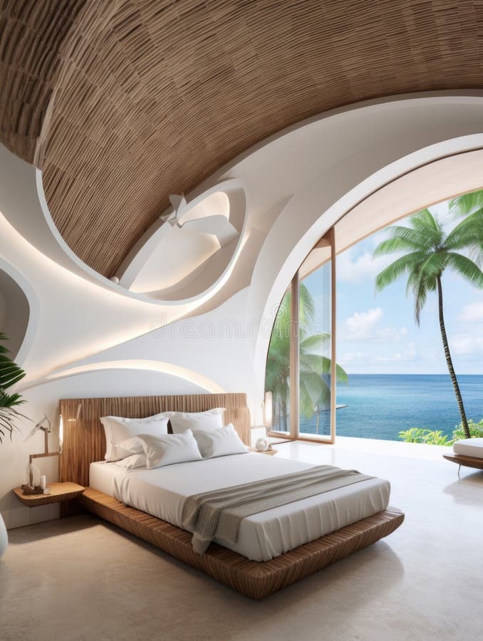 Coastal Interior Design of Modern Bedroom with Arched Ceiling Stock ...