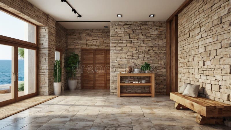 Coastal Interior Design of Modern Entrance Hall with Stone Tiles Wall ...