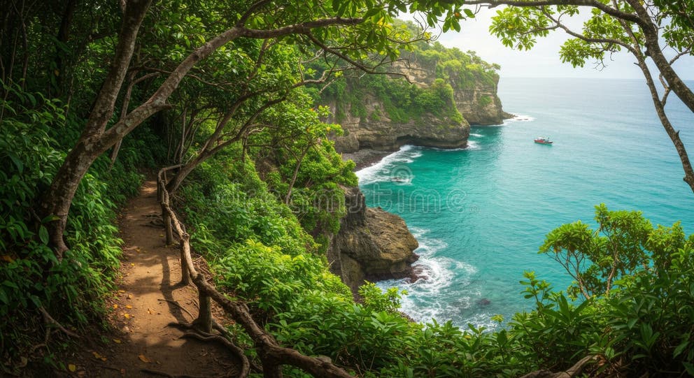 Coastal Jungle Path with Ocean View Stock Illustration - Illustration ...