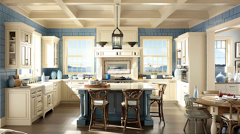 Coastal Kitchen with Nautical Decor Stock Illustration - Illustration ...