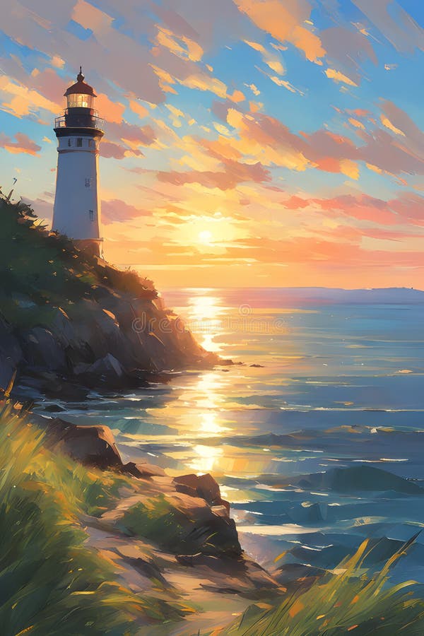 The Coastal Landmark with Lighthouse Against Sunset Sky Over Ocean ...