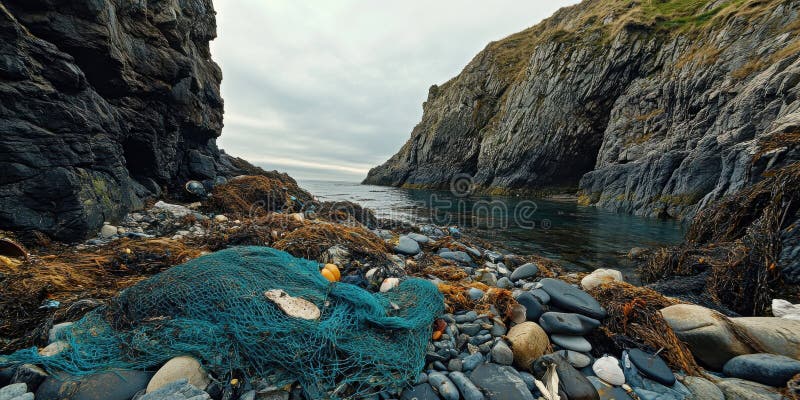 Coastal Landscape with Abandoned Fishing Net and Rocky Cliffs at ...