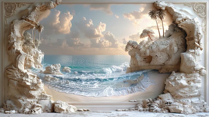 Coastal Landscape 3d Relief Wallpaper Stock Illustration - Illustration ...